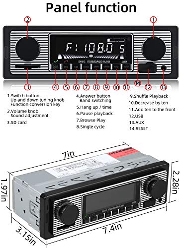 FYPLAY Classic Bluetooth Car Stereo , FM Radio Receiver, Hands-Free Calling, Built-in Microphone, USB/SD/AUX Port, Support MP3/WMA/WAV, Dual Knob Audio Car Multimedia Player, Remote Control