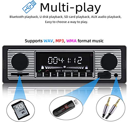 FYPLAY Classic Bluetooth Car Stereo , FM Radio Receiver, Hands-Free Calling, Built-in Microphone, USB/SD/AUX Port, Support MP3/WMA/WAV, Dual Knob Audio Car Multimedia Player, Remote Control