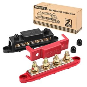 mofeez power distribution block bus bar, 4 x 5/16″ posts, 6 x #8 screws terminals, max 48v 250a (pair, red & black)