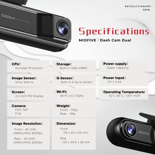 Miofive Front and Rear Dash Camera, 4K + 2K Dual Dash Cam with 5G WiFi, GPS, Speed, 2160 UHD Recorder, Built-in 128G eMMC Storage, Night Vision, Motion Detection, G Sensor Powered by Super Capacitor