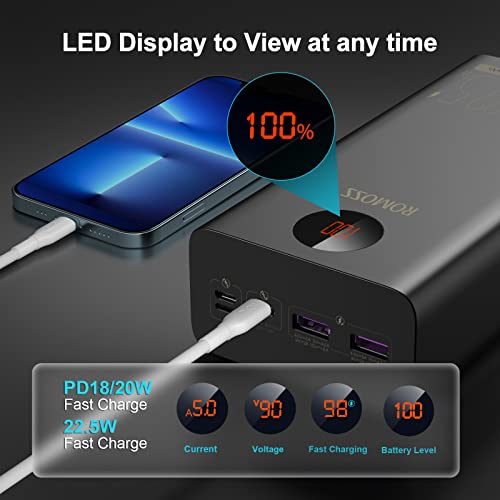 ROMOSS 40000mAh Power Bank, 22.5W & PD20W USB C Fast Charging Portable Charger with 3 Outputs and 3 Inputs External Battery Pack Compatible with iPhone 13/12, iPad, MacBook Pro, Surface, Samsung etc