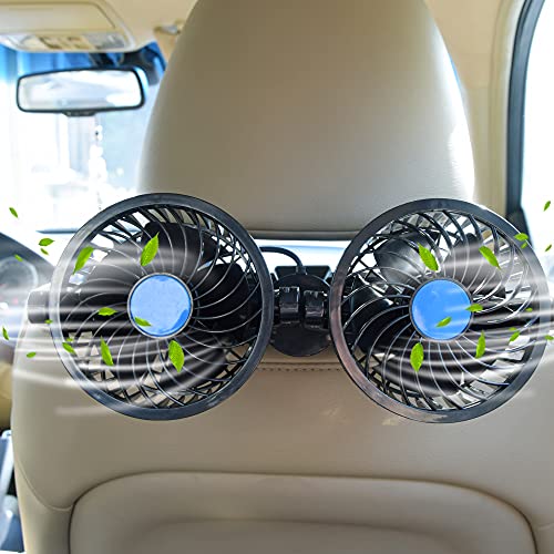 Car Fans, 12V Car Cooling Fan with 360° Rotatable Dual Head Stepless Speed Regulation Rear Seat Air Fan for Sedan SUV RV Boat