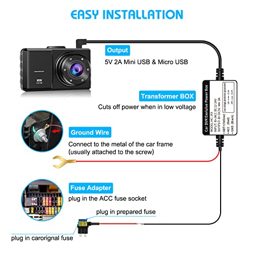 Dash Cam Adjustable Hardwire Kit, SPADE Micro USB-Port Hard Wire Kit for Dashcam