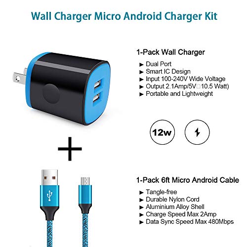 Android Charger Fast Charging Micro USB Cable, 6FT Nylon Micro Cord Wall Charger Block, AbcPow 2.1A Power Adapter with Phone Cord Compatible for Samsung Galaxy S7 S6 J7 J3 Note 5, LG G4 Motorola, HTC