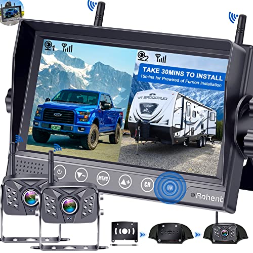 Rohent RV Backup Camera Wireless HD1080P 2 Cameras with 7 Inch Touch Key DVR Monitor Stable Digital Signals Rear View Camera System IP69K Waterproof Pigtail Wire Adapter for Furrion Pre-Wired RVs R8