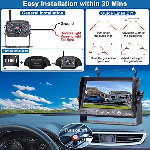 Rohent RV Backup Camera Wireless HD1080P 2 Cameras with 7 Inch Touch Key DVR Monitor Stable Digital Signals Rear View Camera System IP69K Waterproof Pigtail Wire Adapter for Furrion Pre-Wired RVs R8