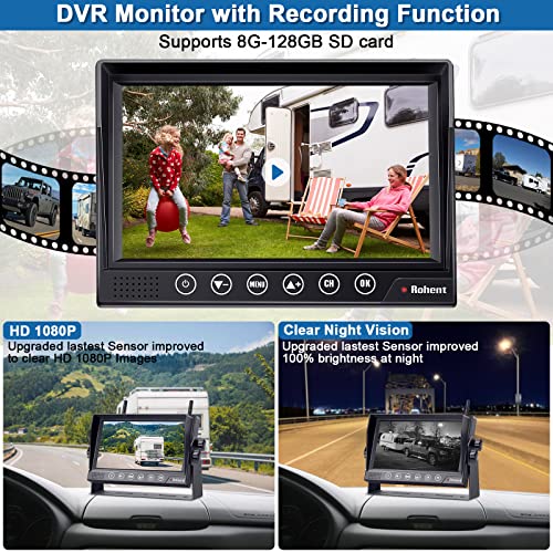 Rohent RV Backup Camera Wireless HD1080P 2 Cameras with 7 Inch Touch Key DVR Monitor Stable Digital Signals Rear View Camera System IP69K Waterproof Pigtail Wire Adapter for Furrion Pre-Wired RVs R8