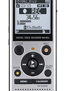 Olympus WS-852 silver voice recorder with true stereo mic, 4GB, 110 hours battery life, microSD external memory, USB, with MP3 file format.