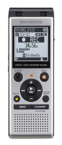 Olympus WS-852 silver voice recorder with true stereo mic, 4GB, 110 hours battery life, microSD external memory, USB, with MP3 file format.