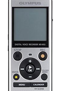 Olympus WS-852 silver voice recorder with true stereo mic, 4GB, 110 hours battery life, microSD external memory, USB, with MP3 file format.