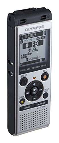 Olympus WS-852 silver voice recorder with true stereo mic, 4GB, 110 hours battery life, microSD external memory, USB, with MP3 file format.