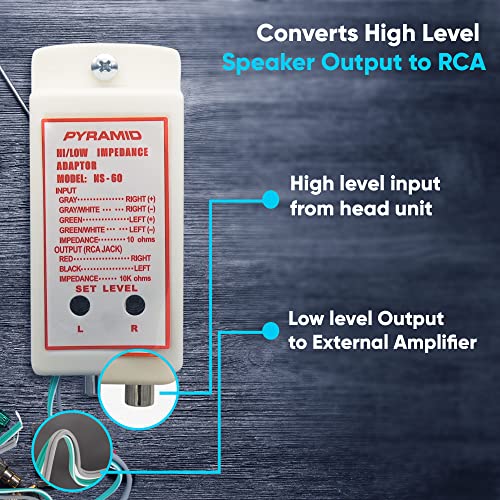 Pyramid High Low-Level Impedance Adaptor - Car Audio System RCA Line Output Converter Adapter w/ Adjustable Level Control - Works on Vehicle Amplifier, Equalizer, Home Theater Setup - Pyramid NS60