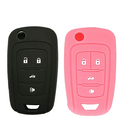 LemSa 2 Pack Keyless Entry Remote Car Flip Key Fob Outer Shell Cover Soft Rubber Silicone Protector Keyless Jacket Case for Chevrolet Camaro Cruze Chevy Equinox Sonic Terrain Key Fob, Black/Pink