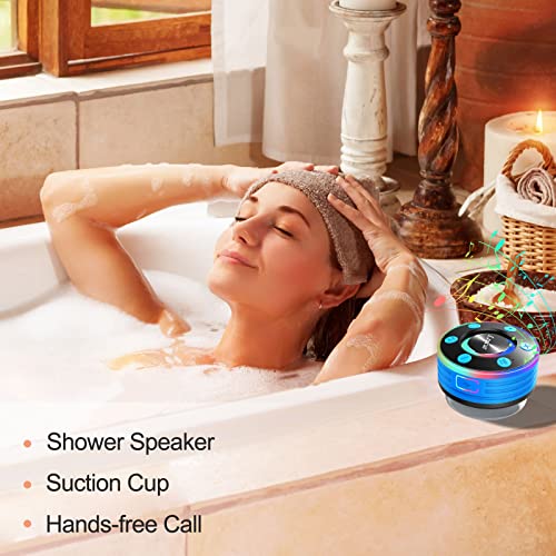 Bluetooth Shower Speakers, Portable Wireless Outdoor Speaker with HD Sound, Bluetooth Speaker with 8H Playtime, FM Radio, Handsfree LED Light Show with Suction Cup, IPX7 Waterproof for Travel/Party