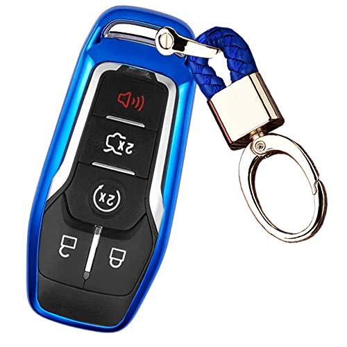 Royalfox(TM) 4 5 Buttons TPU Smart keyless Entry Remote Key Fob case Cover Keychain for Ford Mustang F-150 F-450 Explorer Taurus Fusion Edge,Lincoln MKZ MKC MKX (Blue)