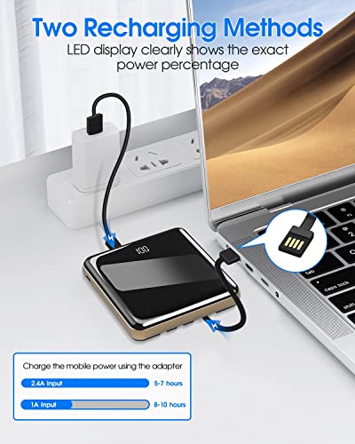 KLL Power Bank with Built in Cables, 10000mAh Slim Portable Charger LED Display, Small External Battery Pack with 4 Inputs and 5 Outputs Phone Charger for iPhone Samsung Huawei iPad etc