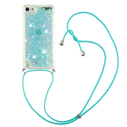 iPod Touch 7 Case, Touch 6 Case, Touch 5 Case, Gift_Source Bling Liquid Glitter Flowing Case Soft Silicone Cover Shell with Neck Strap Lanyard for iPod Touch 5th/6th/7th Generation [Silver Blue Star]