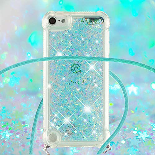 iPod Touch 7 Case, Touch 6 Case, Touch 5 Case, Gift_Source Bling Liquid Glitter Flowing Case Soft Silicone Cover Shell with Neck Strap Lanyard for iPod Touch 5th/6th/7th Generation [Silver Blue Star]