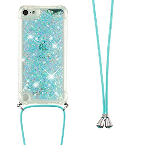 iPod Touch 7 Case, Touch 6 Case, Touch 5 Case, Gift_Source Bling Liquid Glitter Flowing Case Soft Silicone Cover Shell with Neck Strap Lanyard for iPod Touch 5th/6th/7th Generation [Silver Blue Star]