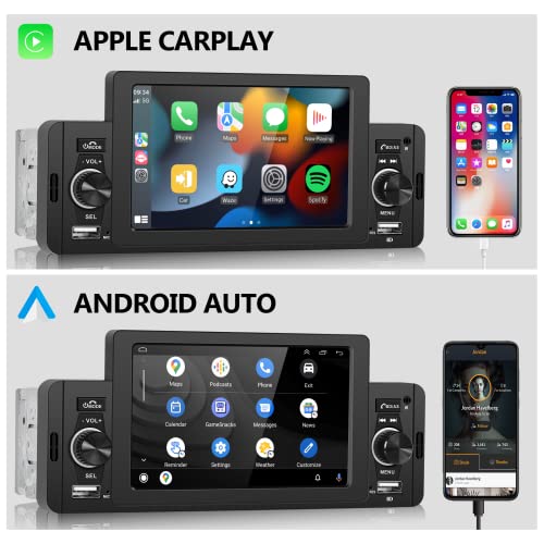 Single Din Apple Carplay Car Stereo with Android Auto, podofo 5'' HD Touchscreen Radio Support Bluetooth FM Radio Android/iOS Mirror Link/USB/TF/AUX-in, Car Audio Receivers with Backup Camera