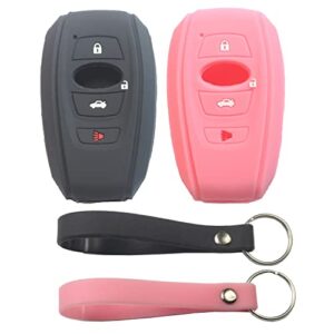 kcpros 2pcs rubber silicone 4 buttons smart key fob cover case skin protector keyless with keychain compatible with subaru ascent brz crosstrek forester impreza legacy outback sti wrx black pink