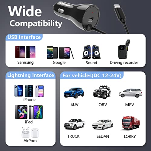 iPhone Car Charger [Apple MFi Certified], Weduda 32W Super Fast Car Phone Charger Cigarette Lighter USB Car Adapter with Build-in 6FT Coiled Lightning Cable for Apple iPhone 14/13/12/11/XR/Max,iPad