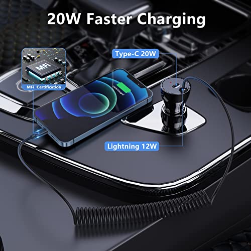 iPhone Car Charger [Apple MFi Certified], Weduda 32W Super Fast Car Phone Charger Cigarette Lighter USB Car Adapter with Build-in 6FT Coiled Lightning Cable for Apple iPhone 14/13/12/11/XR/Max,iPad