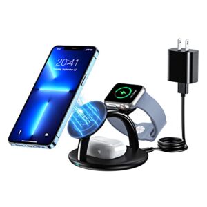 3 in 1 magnetic wireless charging station for iphone 14/13/12, 15w fast wireless mag-safe charger stand with qc3.0 adapter, for iphone 14 13 12 pro max/pro/mini,apple watch 7/se/6/5/4/3/2, airpods pro