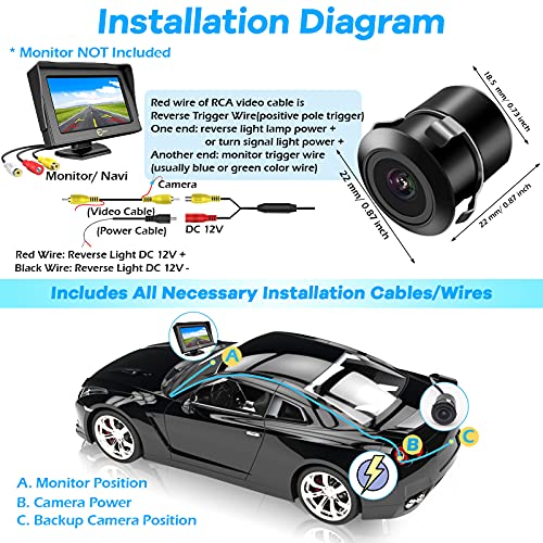 Backup Camera, 18.5mm Rear View Camera 170° View Angle, 12V CCD Reverse Camera with Parking Guidelines Mirror Image Night Vision Waterproof Parking Camera for 12V Car Mini-Truck RV SUV Minivan Camper