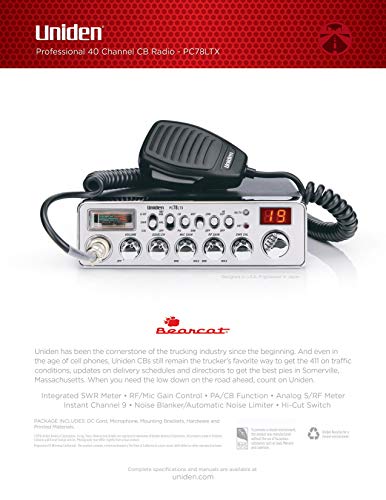 Uniden PC78LTX 40-Channel Trucker's CB Radio with Integrated SWR Meter, PA Function, Hi Cut, Mic/RF Gain, and Instant Channel 9,Silver