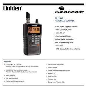 Uniden Bearcat BC125AT Handheld Scanner, 500-Alpha-Tagged Channels, Close Call Technology, PC Programable, Aviation, Marine, Railroad, NASCAR, Racing, and Non-Digital Police/Fire/Public Safety.