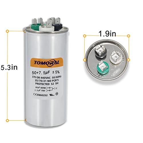 50/7.5 uF Capacitor for AC, 50+7.5 MFD ±5% 370V/440V CBB65 Dual Run Circular Start Capacitor for AC Motor Run or Fan Start or Condenser Straight