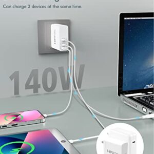 Dericam iPhone Charger USB C, 140W GaN Charger PD 3.1 Fast Charging, 3-Port Wall Charger Block for MacBook Pro/Air,iPad,IPhone14/13/12/11/X,Galaxy S22/S21,Dell XPS, ThinkPad,Pixelbook and More-White