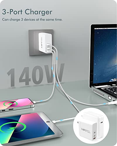 Dericam iPhone Charger USB C, 140W GaN Charger PD 3.1 Fast Charging, 3-Port Wall Charger Block for MacBook Pro/Air,iPad,IPhone14/13/12/11/X,Galaxy S22/S21,Dell XPS, ThinkPad,Pixelbook and More-White