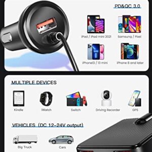 USB C Car Charger，SUMKUMY 74W Fast Car Phone Charger PD&QC3.0 with 6.5ft Cable for Back Seat Charging，4 Multi Ports Cigarette Lighter Adapter for iPhone 13/12/11，Samsung Galaxy S22/21，Google Pixel