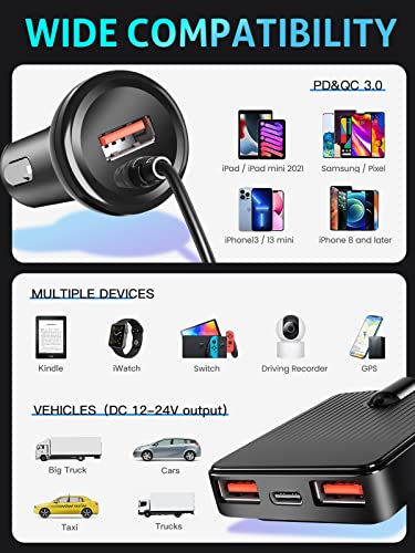 USB C Car Charger，SUMKUMY 74W Fast Car Phone Charger PD&QC3.0 with 6.5ft Cable for Back Seat Charging，4 Multi Ports Cigarette Lighter Adapter for iPhone 13/12/11，Samsung Galaxy S22/21，Google Pixel