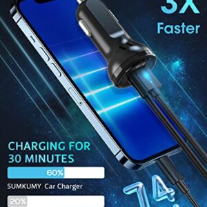 USB C Car Charger，SUMKUMY 74W Fast Car Phone Charger PD&QC3.0 with 6.5ft Cable for Back Seat Charging，4 Multi Ports Cigarette Lighter Adapter for iPhone 13/12/11，Samsung Galaxy S22/21，Google Pixel