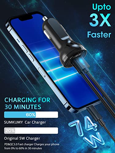 USB C Car Charger，SUMKUMY 74W Fast Car Phone Charger PD&QC3.0 with 6.5ft Cable for Back Seat Charging，4 Multi Ports Cigarette Lighter Adapter for iPhone 13/12/11，Samsung Galaxy S22/21，Google Pixel