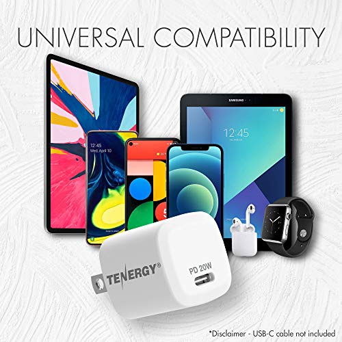 Tenergy USB-C Charger with PD 20W, Fast Charging iPhone 12/12 Mini / 12 Pro / 12 Pro Max / 11, Galaxy, Pixel 4/3, iPad Pro (Cable not Included)