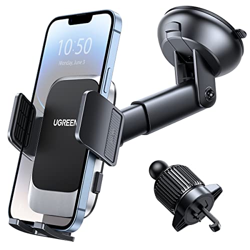 UGREEN Car Phone Holder Mount for Dashboard Windshield Air Vent 3 in 1 Universal Cell Phone Holder for Car Accessories Cradle Compatible with iPhone 14 13 12 11 Pro Max Smartphone, Strong Suction Cup