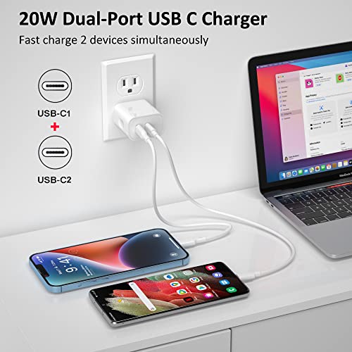 [2 Pack] USB C Charger Block, Pofesun 20W Dual Port USB C Wall Charger, Double C Fast Charger Block USB C Charging Brick Cube for iPhone 11/12/13/14/Pro Max,iPad Pro,Pixel,Samsung Galaxy,AirPods-White