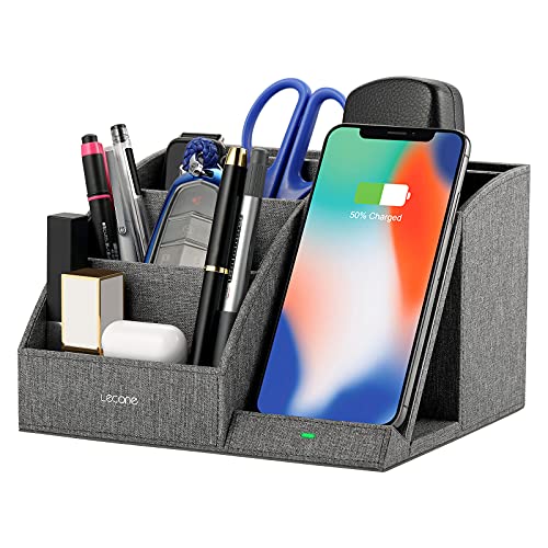 Lecone 10W Fast Wireless Charger with Desk Organizer Qi Certified Fabric Induction Charger Stand Pen Pencil Holder Compatible iPhone SE 2020/11/Xs MAX/XR/XS/X/8/8, Samsung S20/S10/S9/S8/Note 10