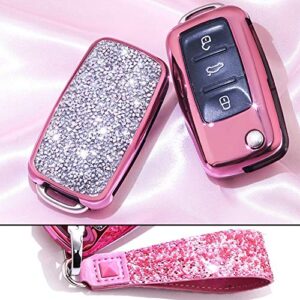 royalfox(tm) 3 buttons 3d bling flip folding remote key fob case cover for vw volkswagen jetta gti passat golf tiguan touareg beetle multivan sagitar passat accessories,with keychain (pink)