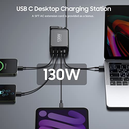 【2023 New】 130W USB C Wall Charger Station PD 100W Type C 65W PPS 45W GaN Super Fast Charging Power Adapter AC Cable for MacBook Pro/Air Pixel ThinkPad Dell XPS iPad Pro iPhone Samsung Galaxy Note