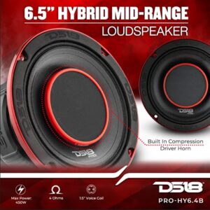 DS18 PRO-HY6.4B 6.5" Hybrid Mid-Range Car Audio Loudspeaker with 1" VC Built-in Compression Driver Horn and Water Resistant Cone 450W Max 225W RMS 4 Ohms (1 Speaker)