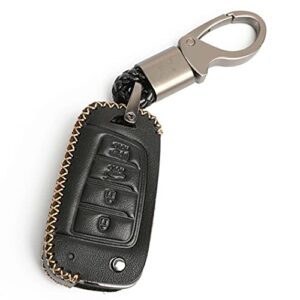 wfmj black leather for hyundai kona 2018 2019 2020 2021 4 buttons flip smart key fob case cover chain