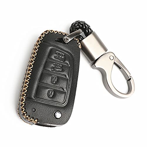 WFMJ Black Leather for Hyundai Kona 2018 2019 2020 2021 4 Buttons Flip Smart Key Fob Case Cover Chain