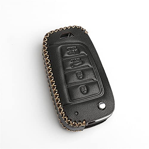 WFMJ Black Leather for Hyundai Kona 2018 2019 2020 2021 4 Buttons Flip Smart Key Fob Case Cover Chain