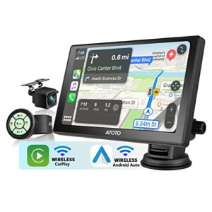 atoto p8 portable 7” qled display car radio, with hd 1080p rear dvr cam, on-dash camera input, wireless carplay & wireless android auto, remote control, wdr & auto dimmer, aux/fm output, p807sd-rc