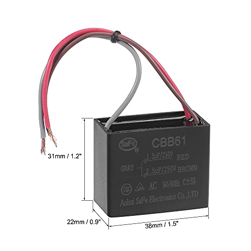 uxcell Ceiling Fan Capacitor CBB61 1.5/2.5uF 250V AC 3 Wires Metallized Polypropylene Film Capacitor 38x31x22mm for Electric Fan Pump Motor Generator